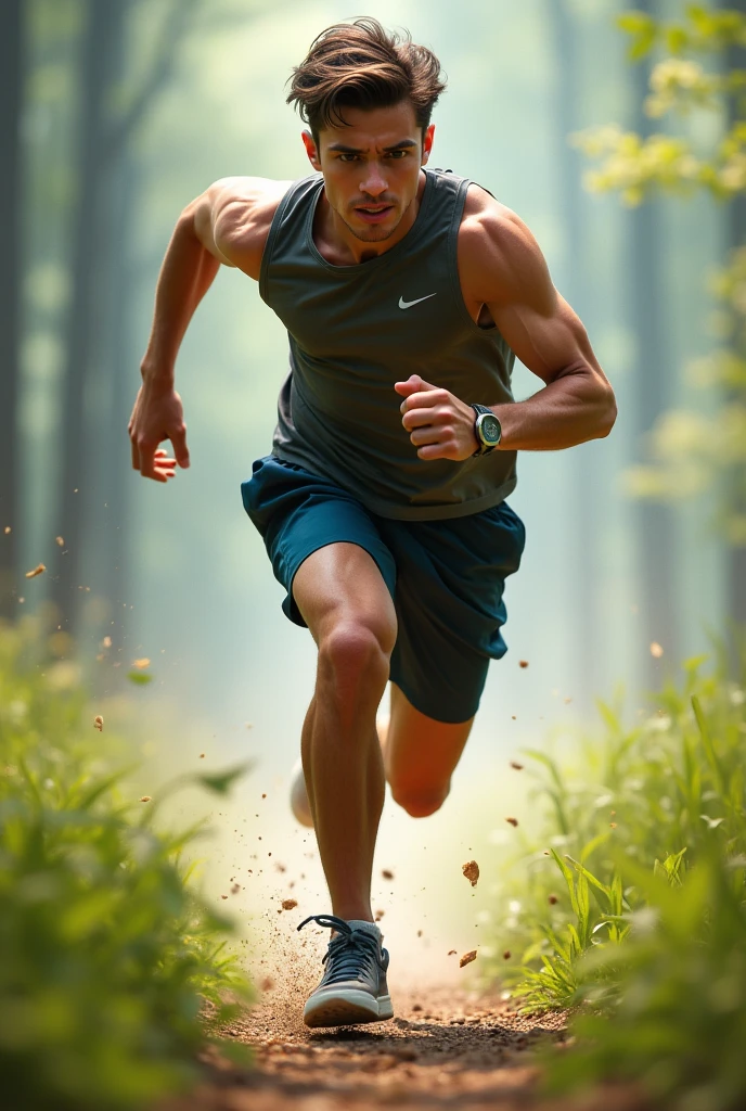 Give me one picture of a young man running then falling and getting up ...