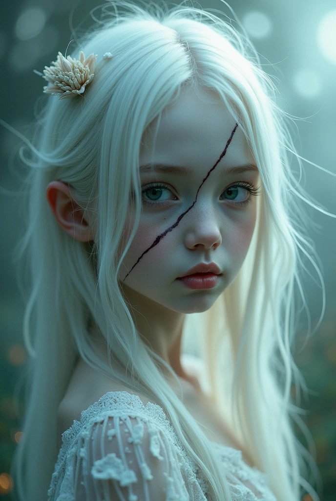 Albino girl with stripe scar on her face - SeaArt AI