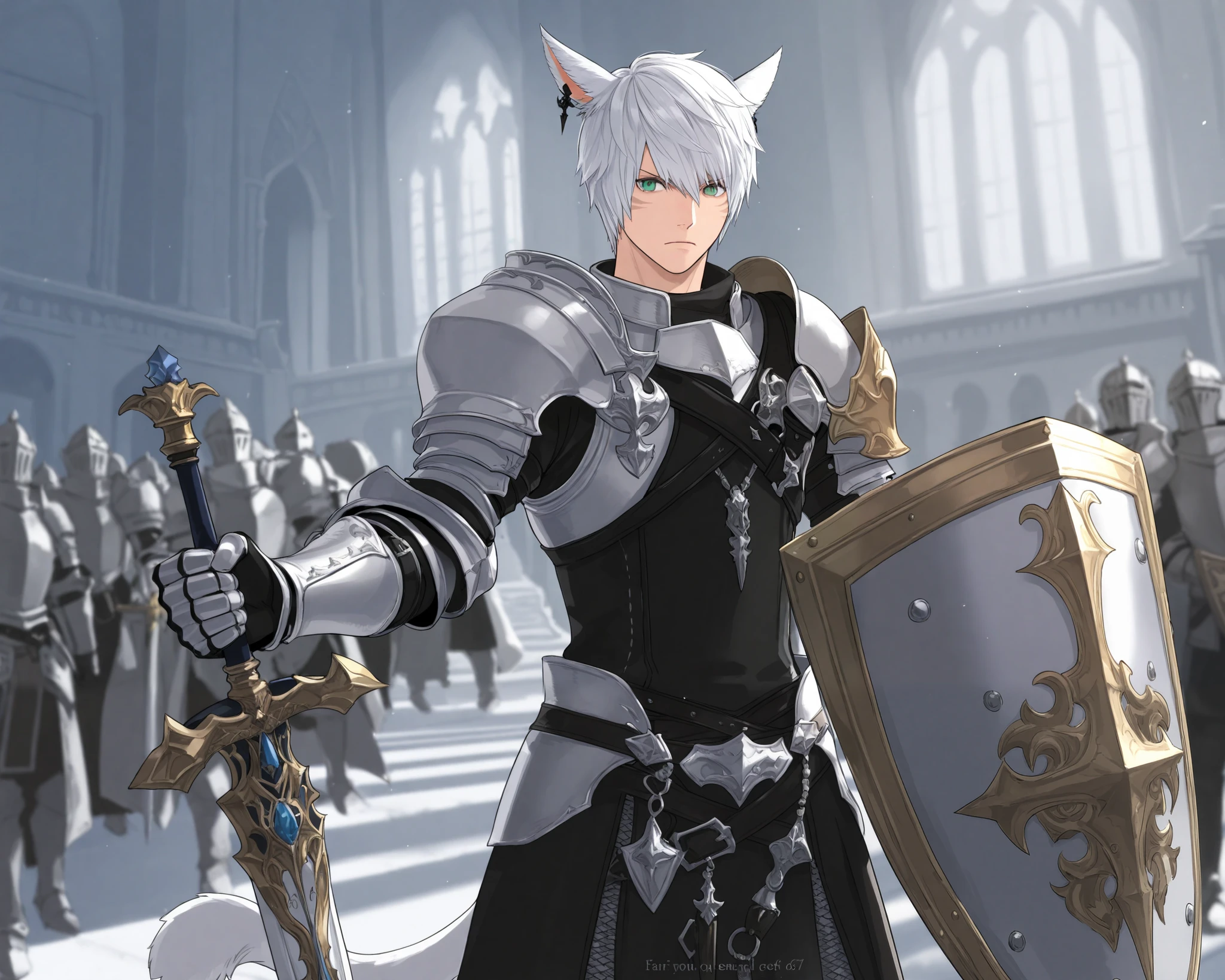 Anime character dressed in armor with sword and shield in front of a ...