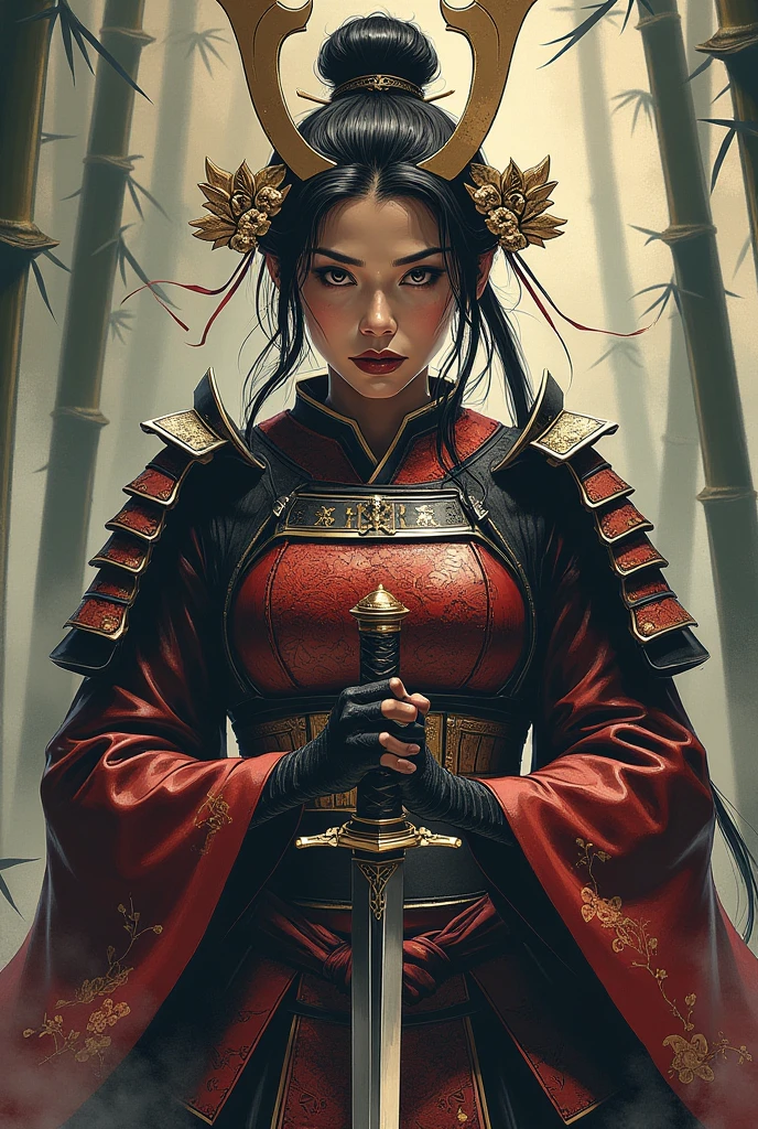 "A noble and fierce female samurai standing gracefully in a serene yet ...