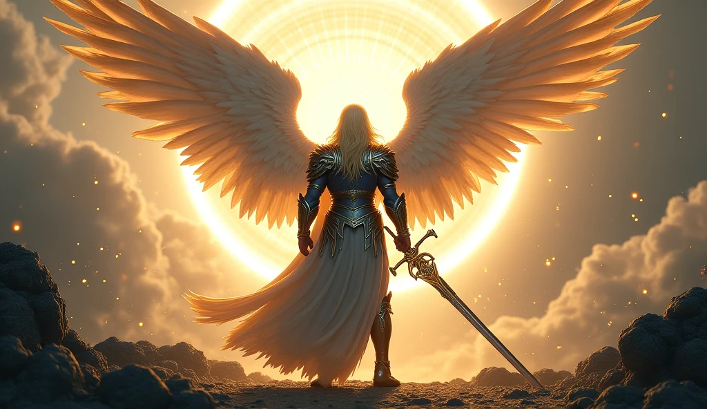A majestic and imposing male angelic warrior standing in a dramatic ...