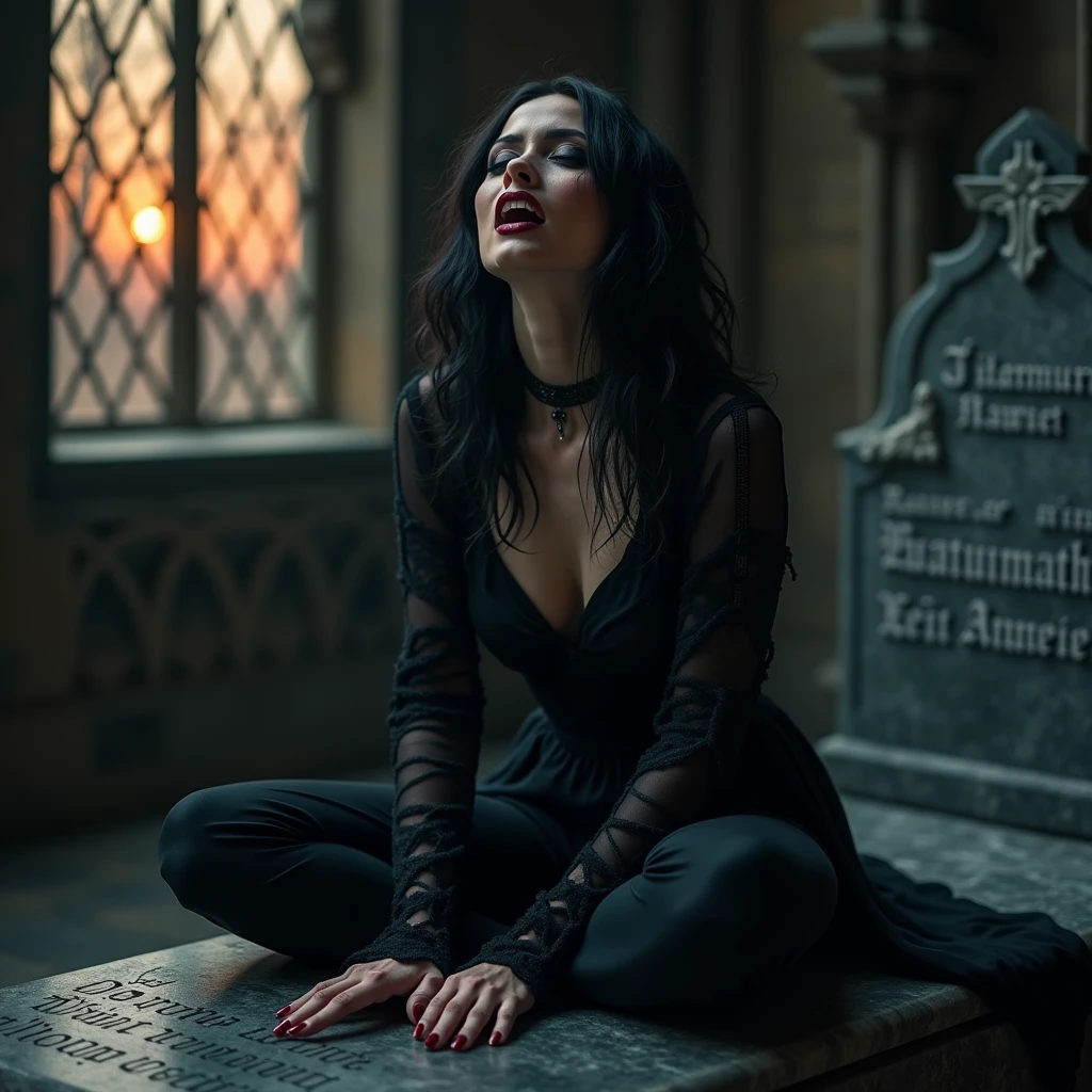 A dark gothic vampire woman, dark gothic makeup, medium long hair in a ...
