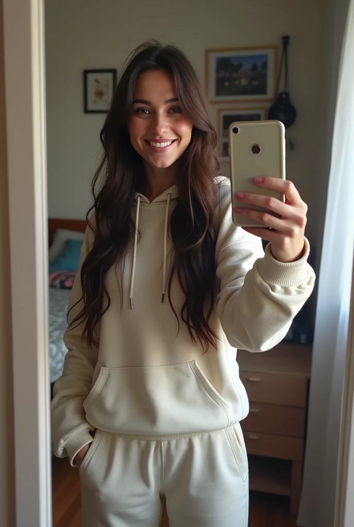 20 year old brunette taking a selfie, mirror selfie, smiling - SeaArt AI