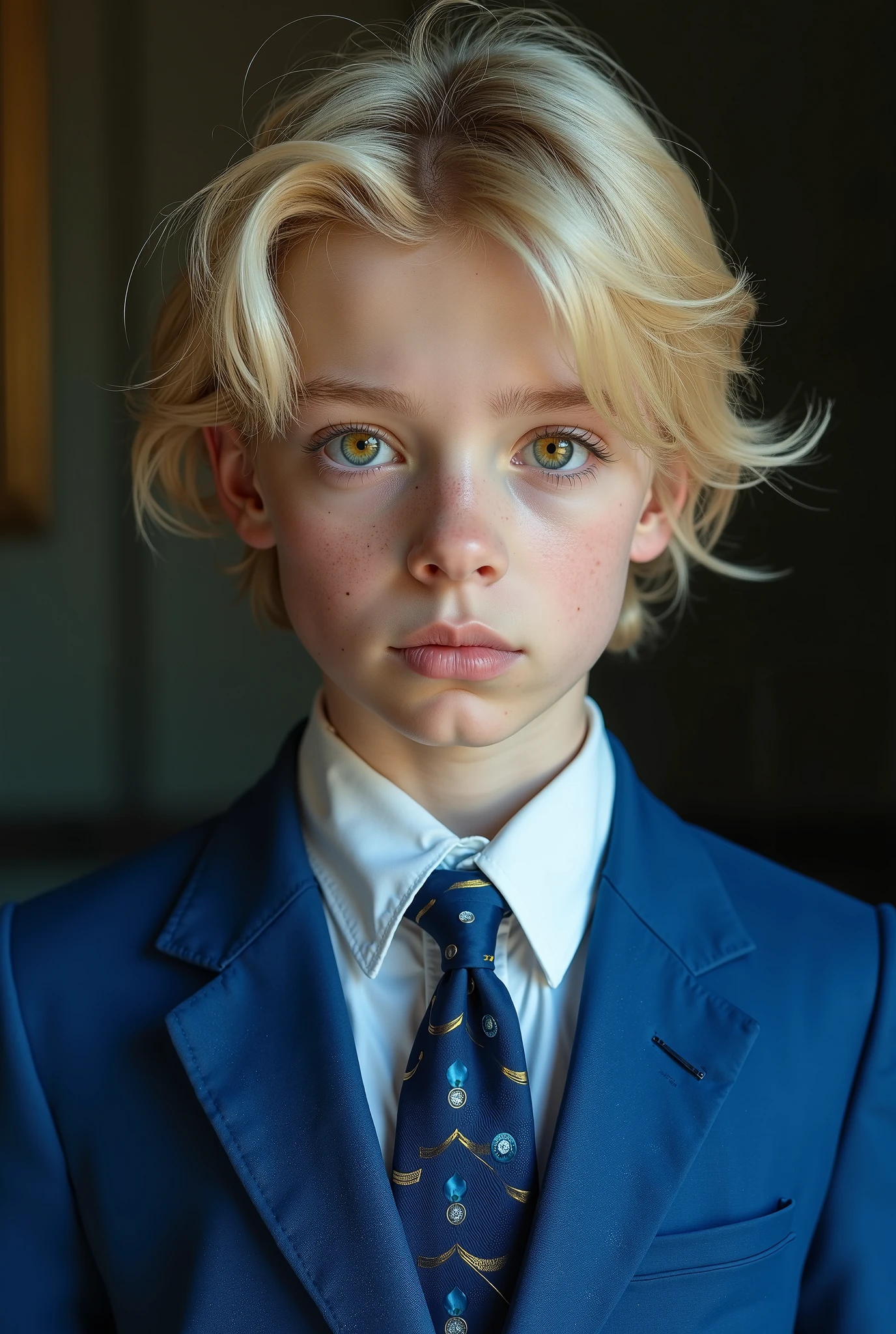 Blond boy in blue suit and tie looking at camera - SeaArt AI