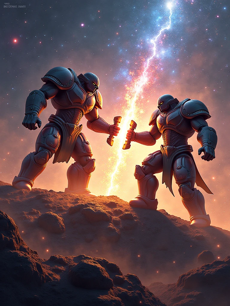 Two massive warriors clash atop an asteroid floating in deep space ...