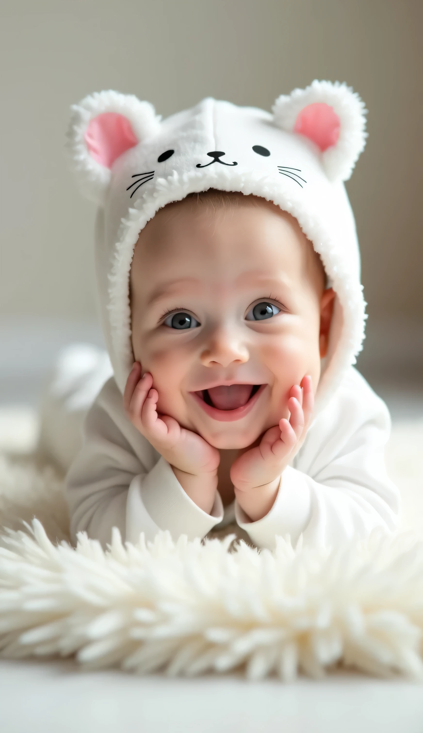 Smiling baby wearing a white cat hat laying on a fluffy white rug ...