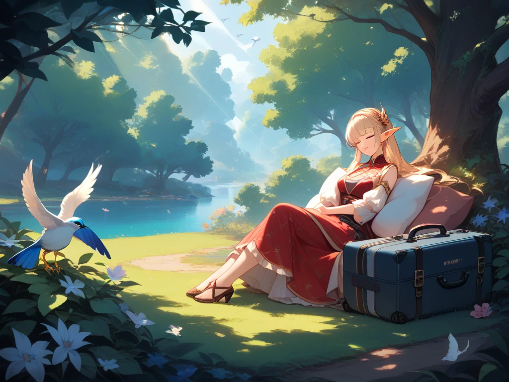 Beautiful elf girl sleeping soundly in the shade of a tree, travelling ...