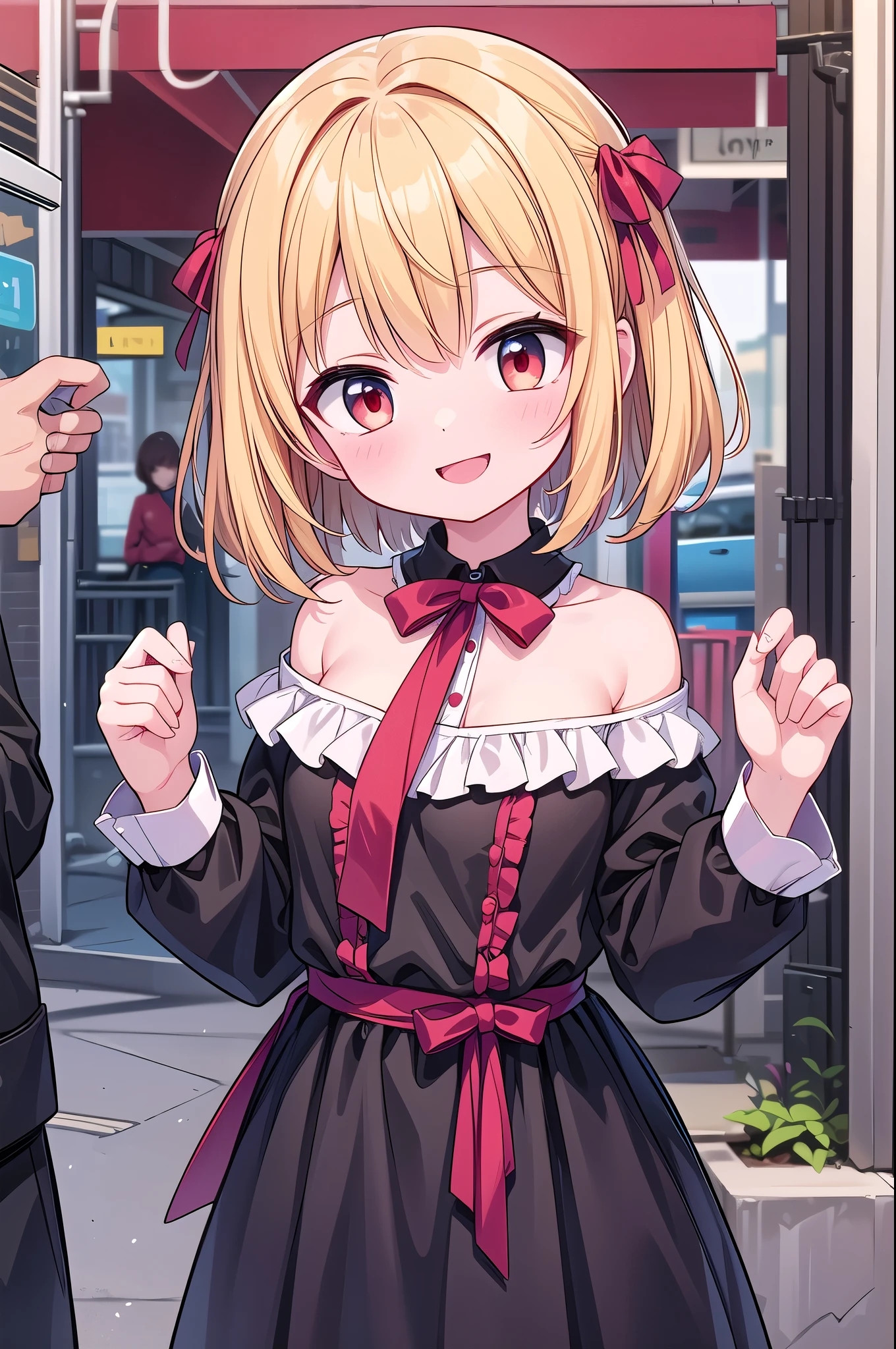 Anime girl in a black dress and red bow tie standing in front of a ...