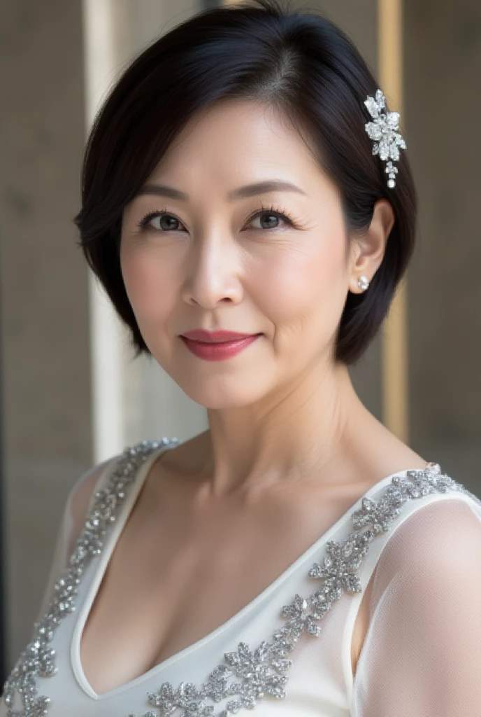 An elegant middle-aged Japanese woman (48 years old), with refined ...