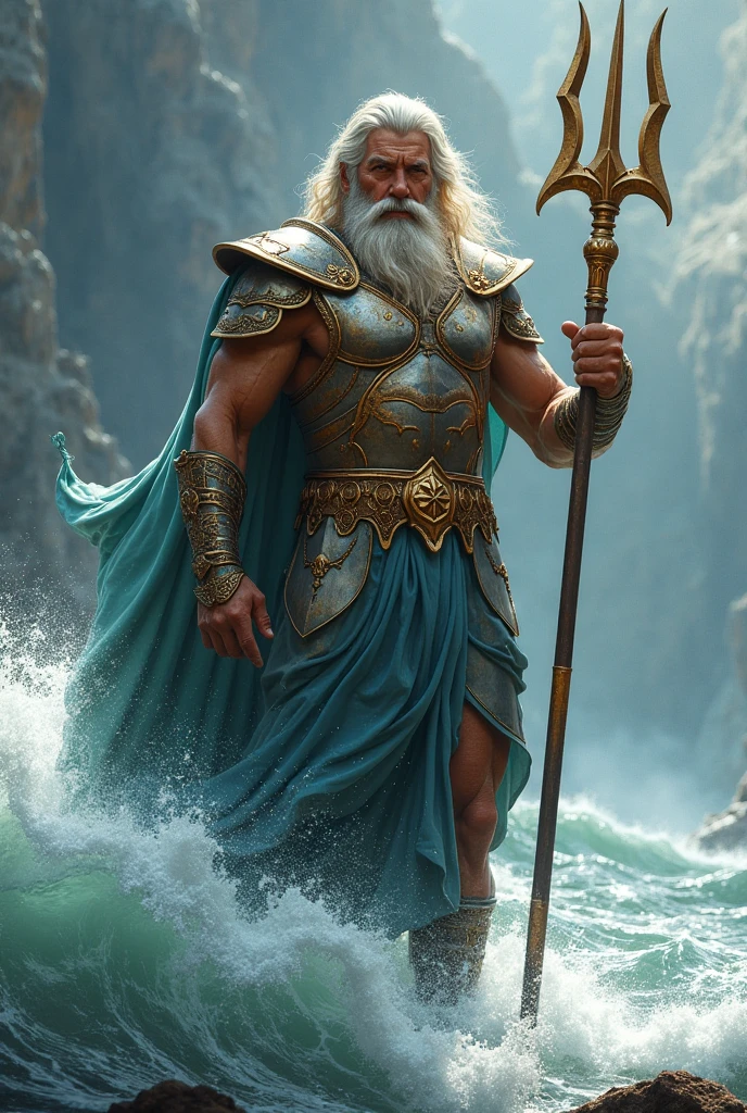 50 years old handsome Poseidon holds the triden rod, salt pepper hair ...