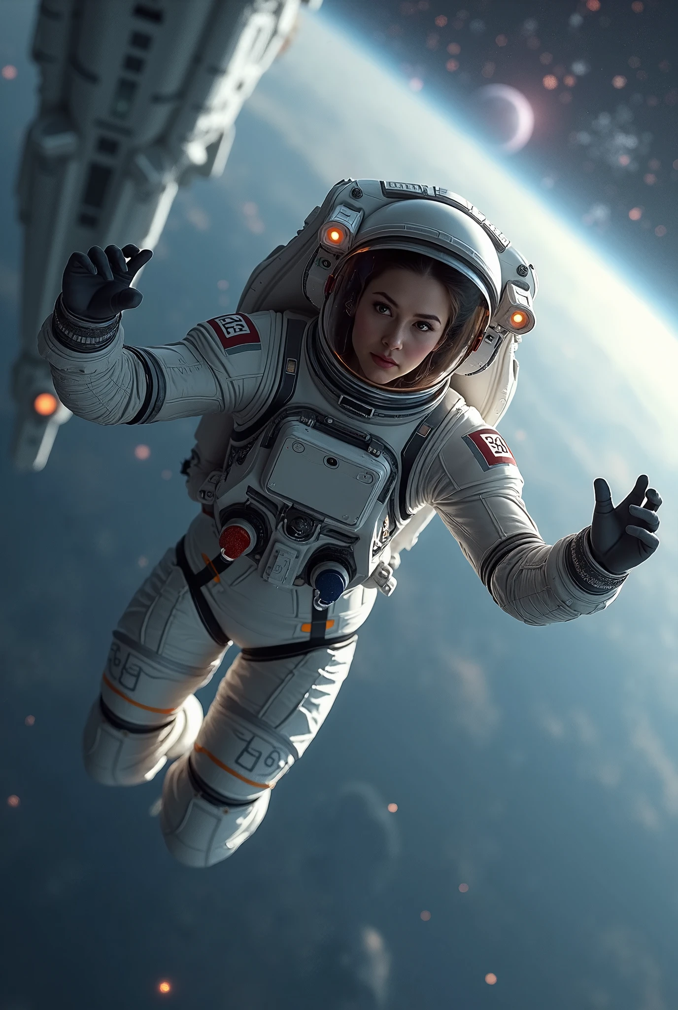 Astronaut in space suit floating in the air with a spaceship in the ...