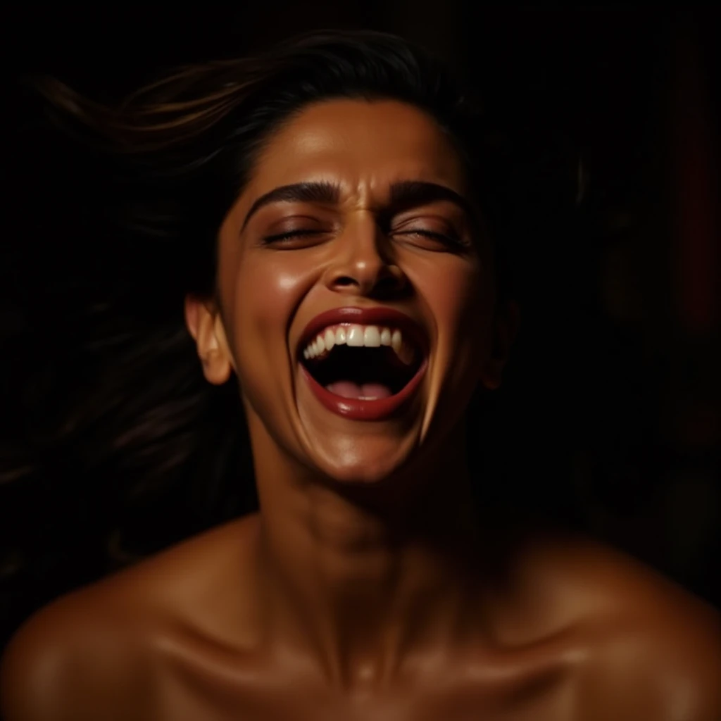 Deepika in bed, extreme closeup. 4k, realistic. shouting in joy and ...