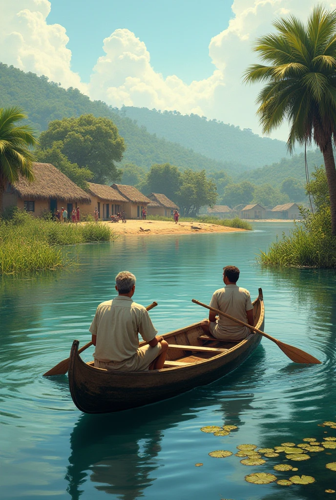 White men on canoe approaching a river bank in an African village ...