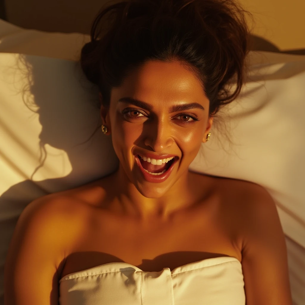 Deepika in bed, extreme closeup. 4k, realistic. shouting in joy and ...