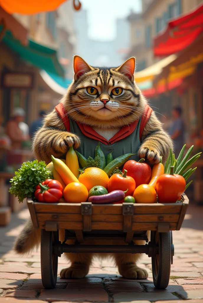 Creat a ai mage of fat cat selling vegetables - SeaArt AI