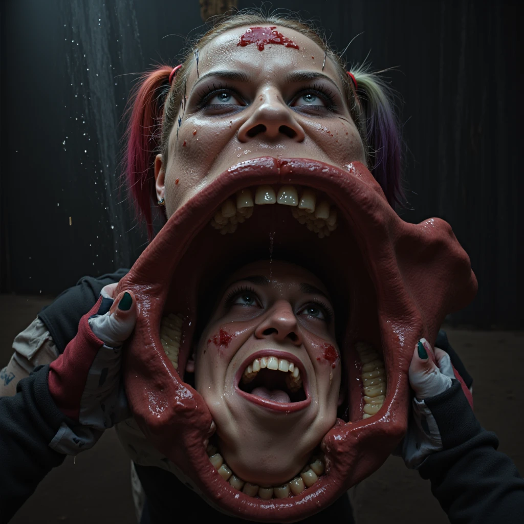 Harley Quinn opens her mouth wide and huge, Neck view , teeth visible ...