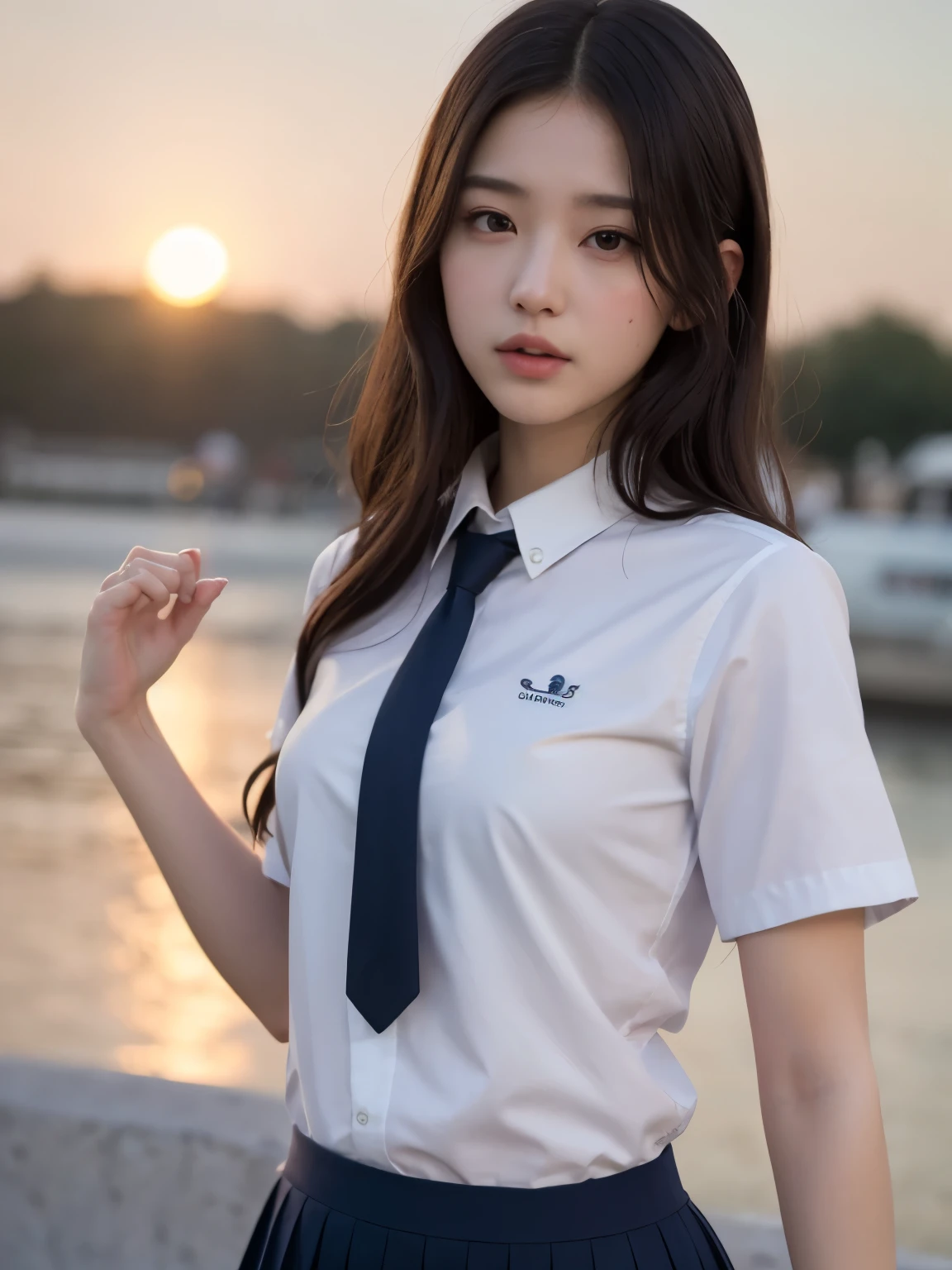 Arafed asian woman in a white shirt and blue skirt posing for a picture - SeaArt AI