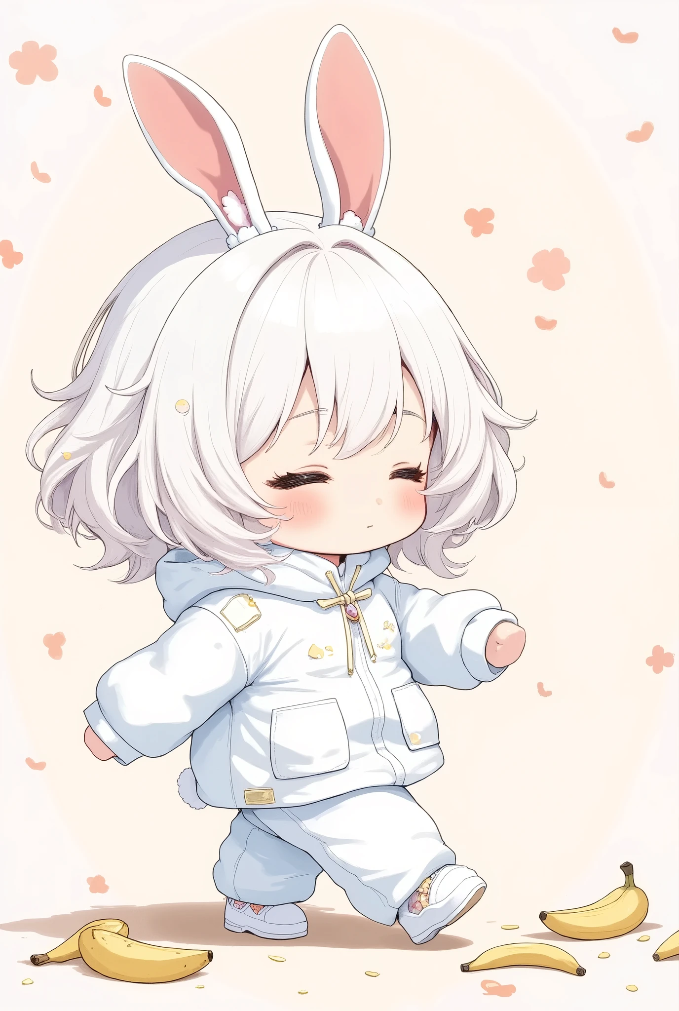 A cute chibi bunny girl shown in profile, walking gently with a slight ...