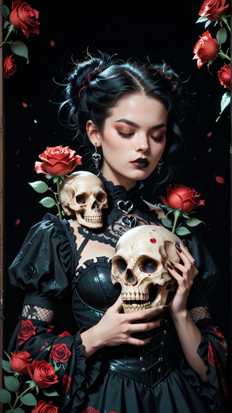 Graphic design, gothic pattern, black and red rose, girl in the middle ...