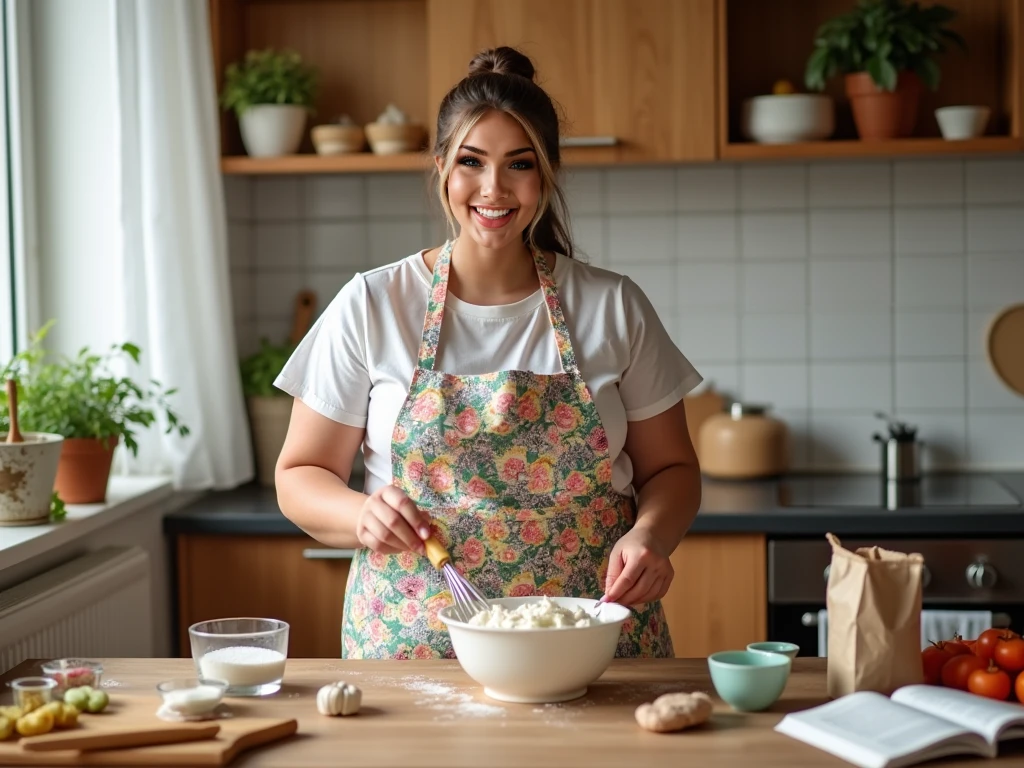 A cheerful plus-sized woman baking a cake in a cozy, well-lit kitchen ...