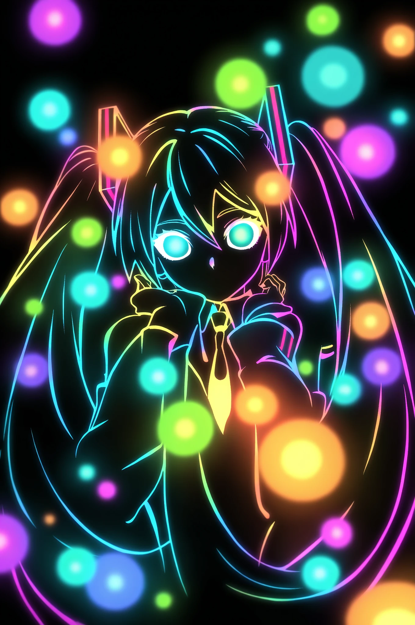 Hatsune Miku,limited palette,black background,colorful,vibrant - SeaArt AI