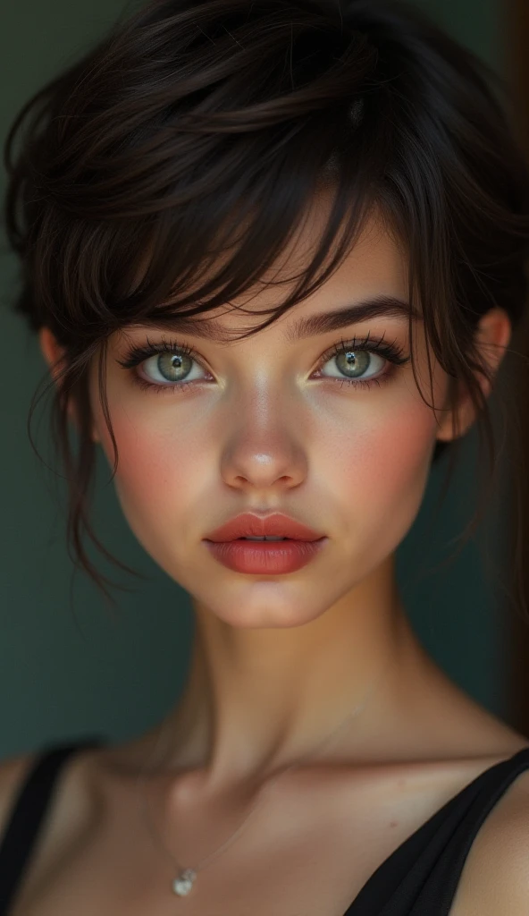 Young woman, brunette, pixie haircut , big gray eyes , full lips - SeaArt AI