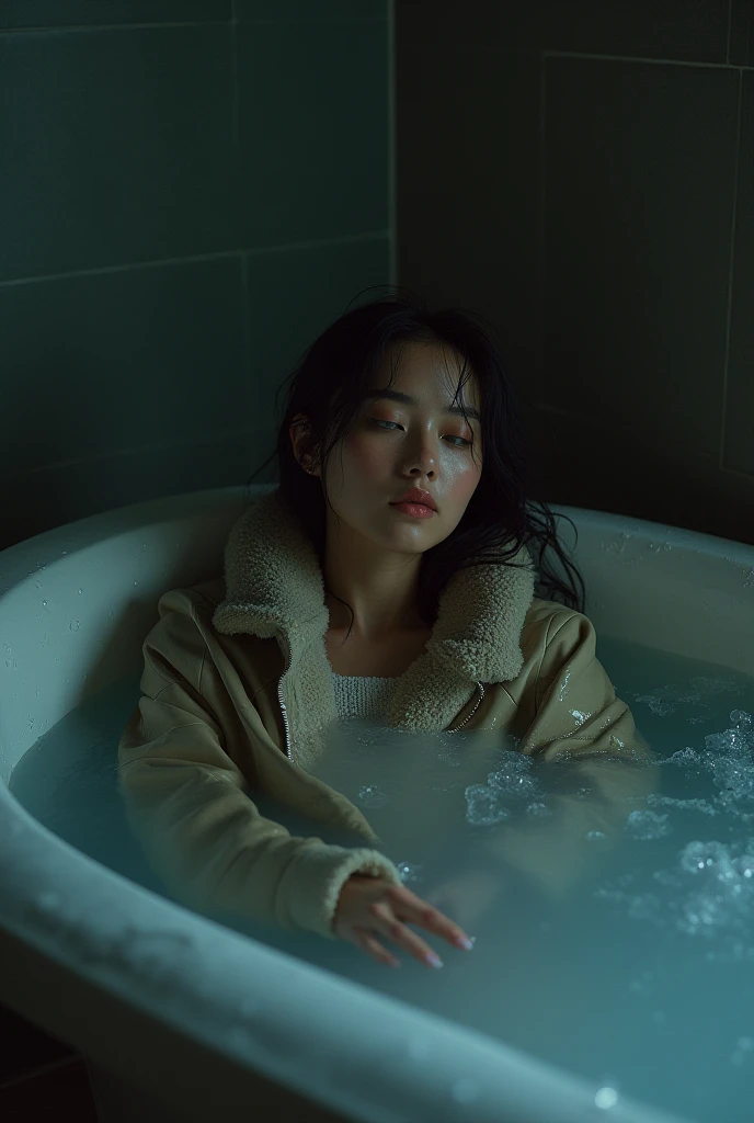 Woman relaxing into bath, wet jacket, wet sweater - SeaArt AI