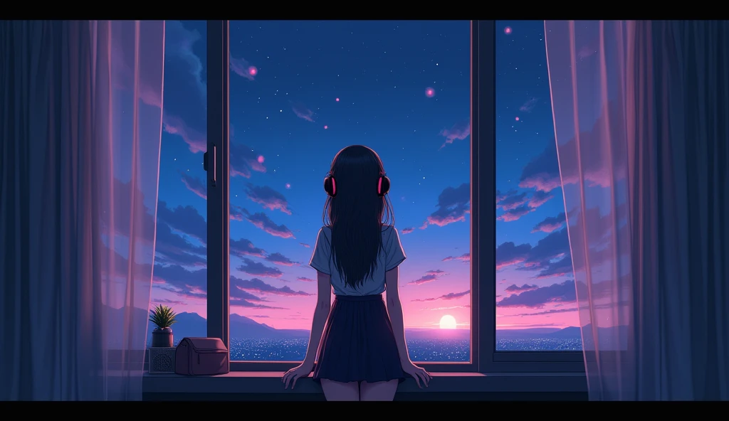Anime girl listening to music on headphones in front of a window ...