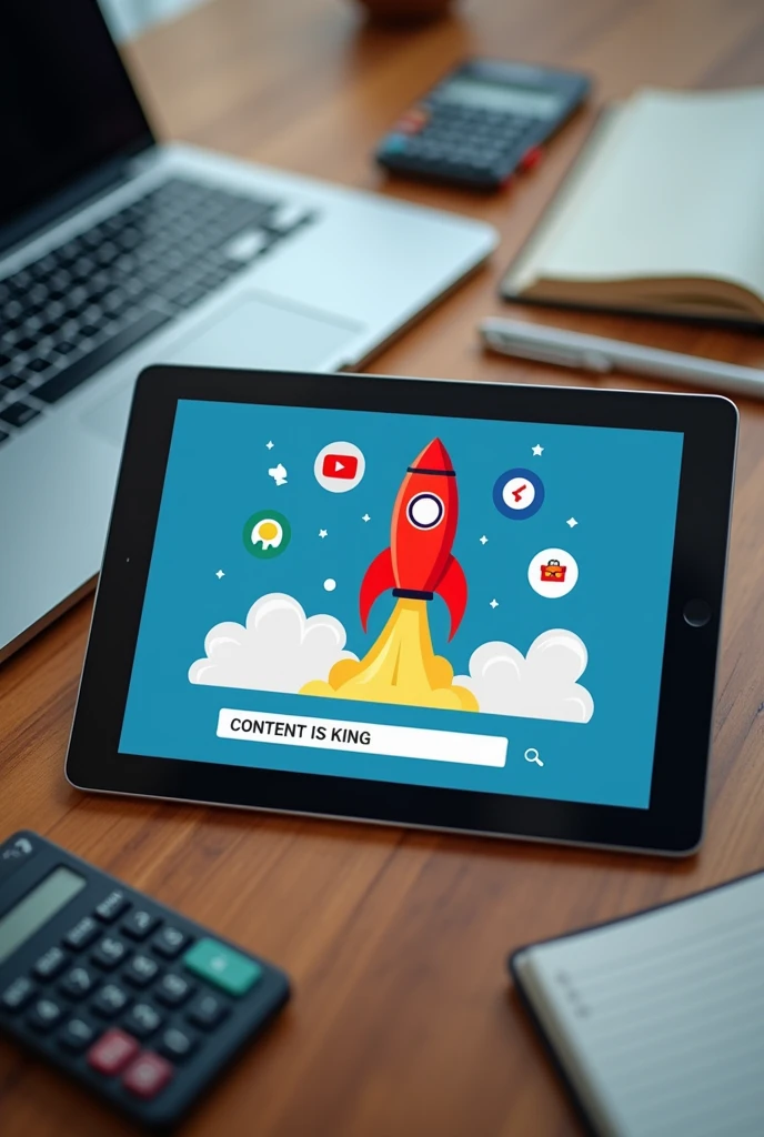 The image features a tabletop workspace that includes a laptop - SeaArt AI