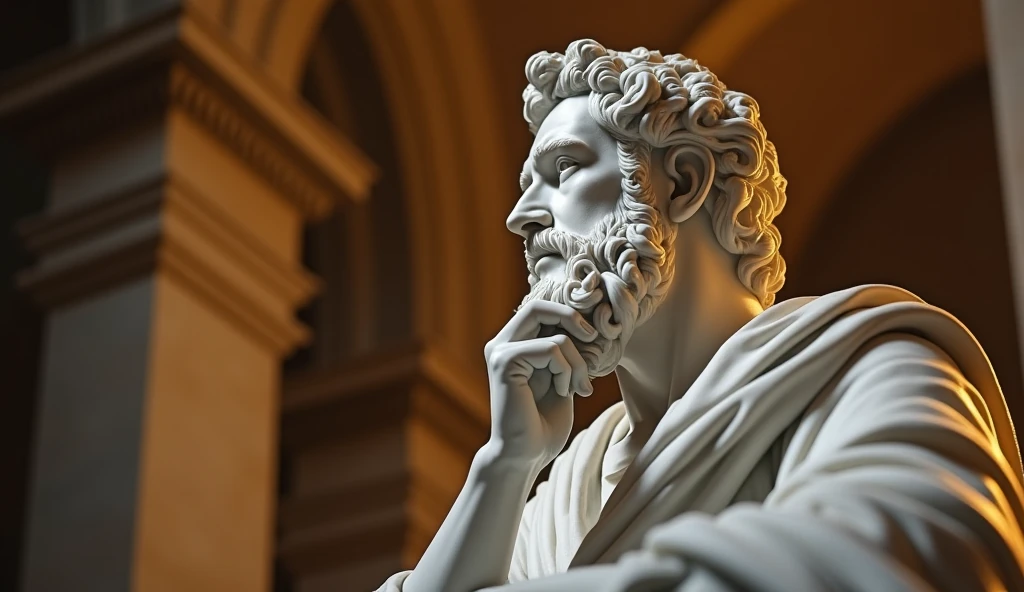 A highly detailed sculpture of a philosopher in marble , with a wise ...