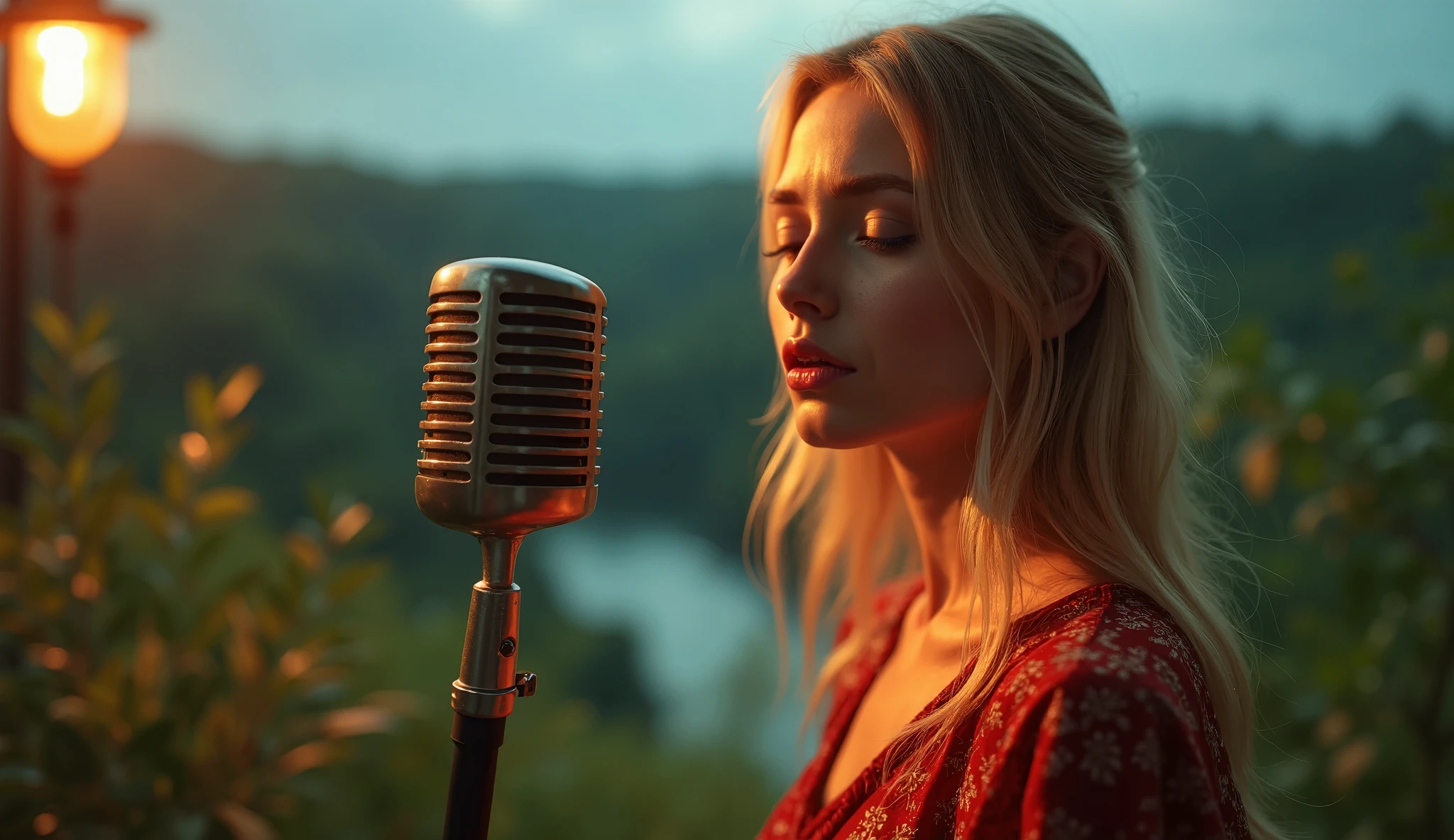 Blond woman with long hair singing into a microphone in a field - SeaArt AI