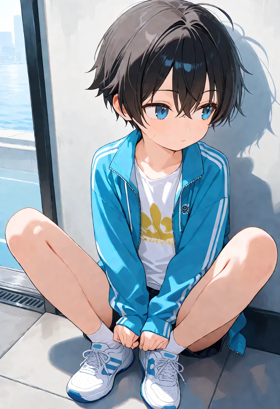 Anime - style image of a young woman sitting on the ground with her ...