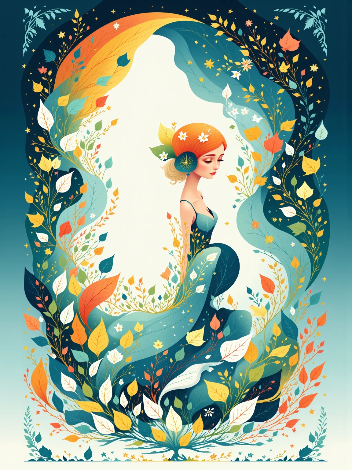 Flat illustration，center, Leaf Elf, Girl with rainbow hair，side - SeaArt AI