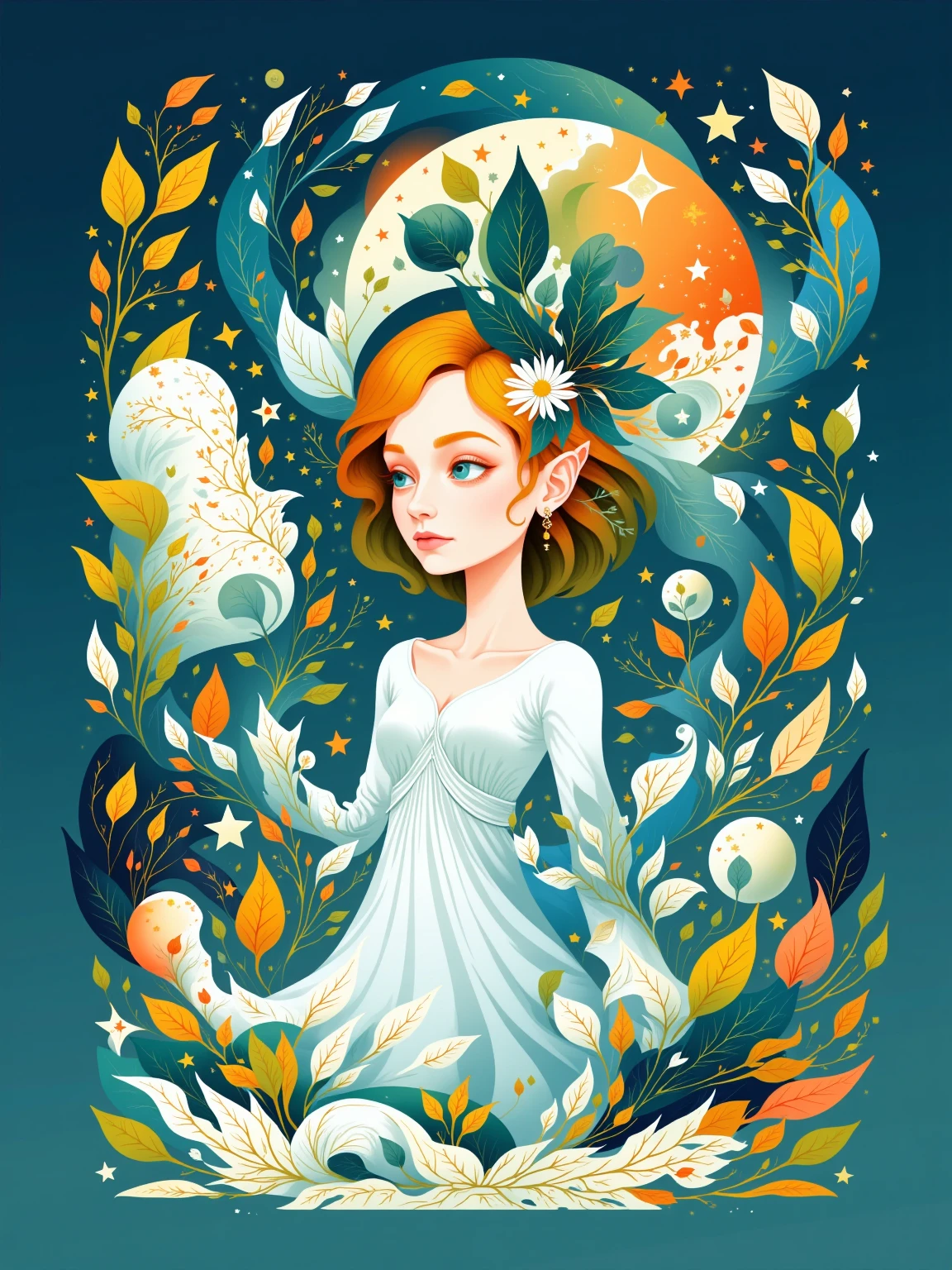 Flat illustration，center, Leaf Elf, Girl with rainbow hair，side - SeaArt AI