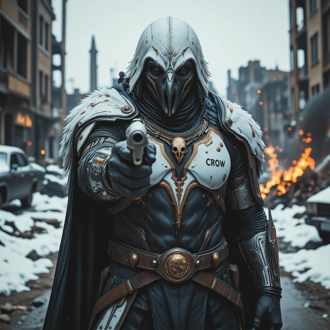 Dramatic post apocalyptic scene. Muscular anthropomorphic Crow warrior ...