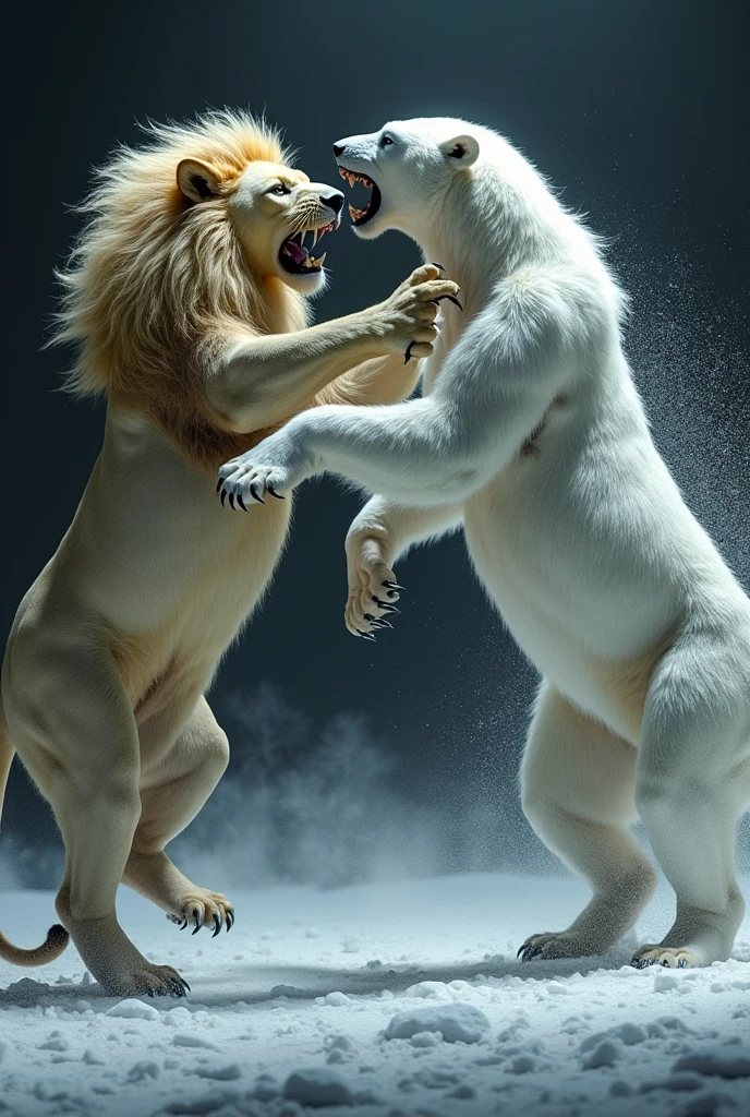 I want an ultra-realistic image of two animals: a Lion and a Polar Bear ...