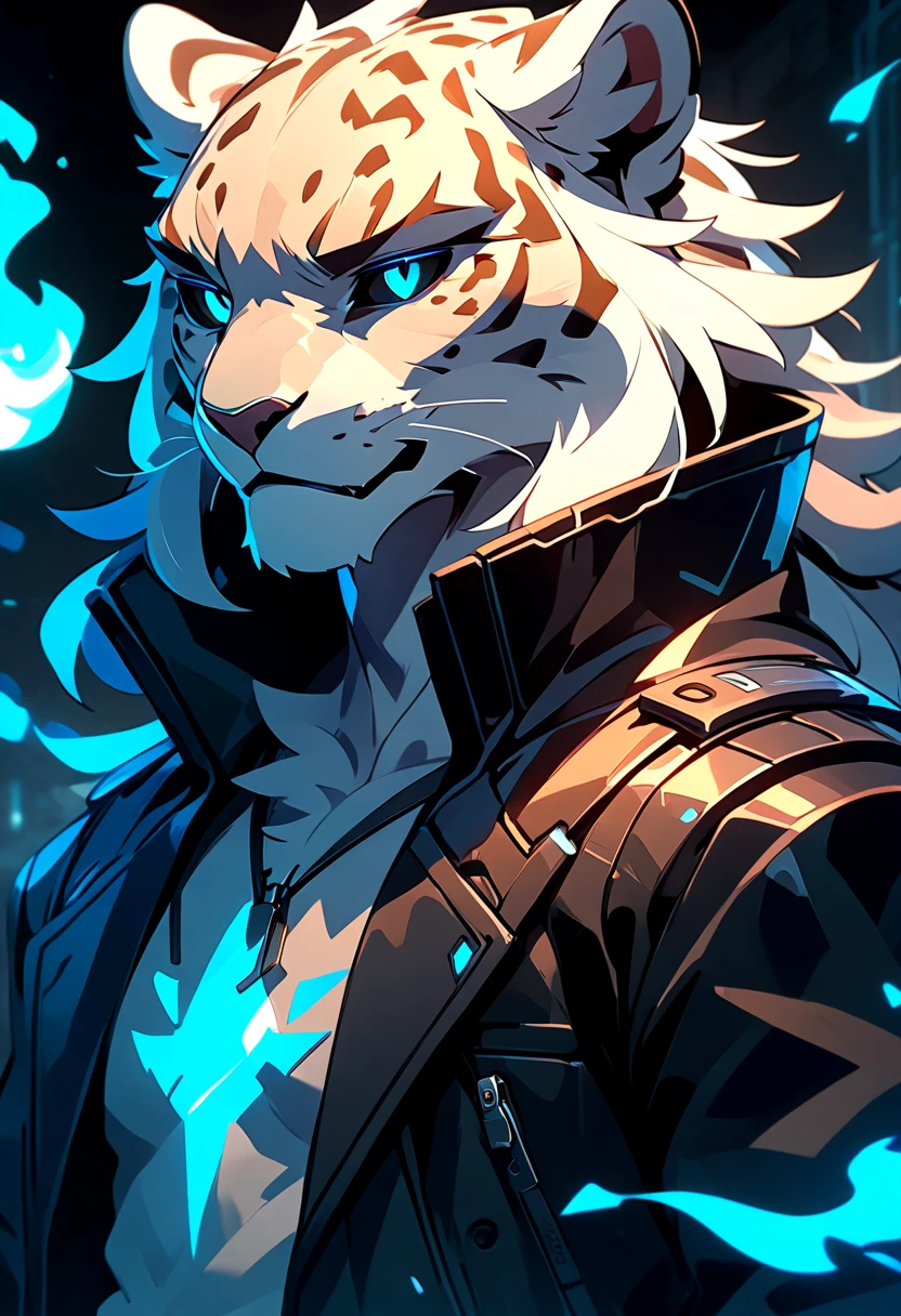 Handsome anthropomorphic white leopard wearing a black cyber coat with ...
