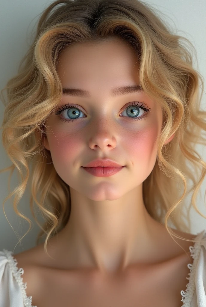 Cute blonde girl with blue eyes and realistic curly hair - SeaArt AI