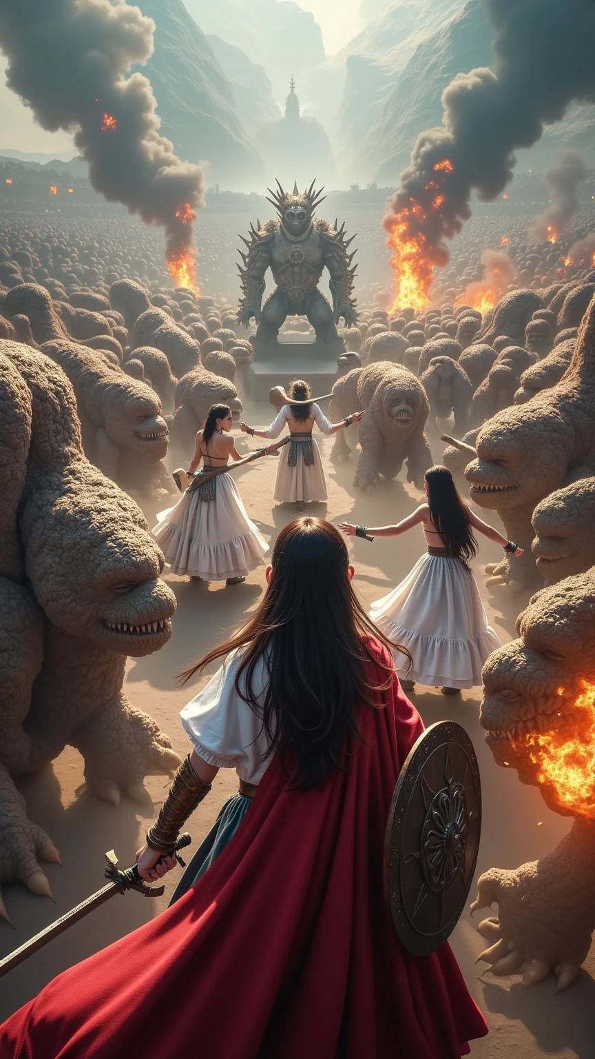A cinematic, ultra-realistic battle scene viewed from the perspective ...