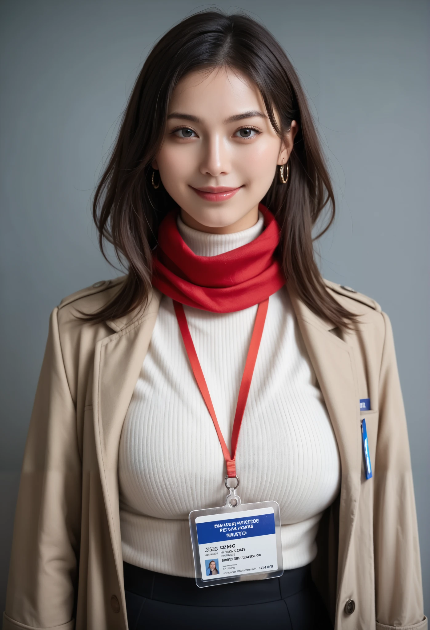 Arafed woman in a tan coat and red scarf with a name tag - SeaArt AI