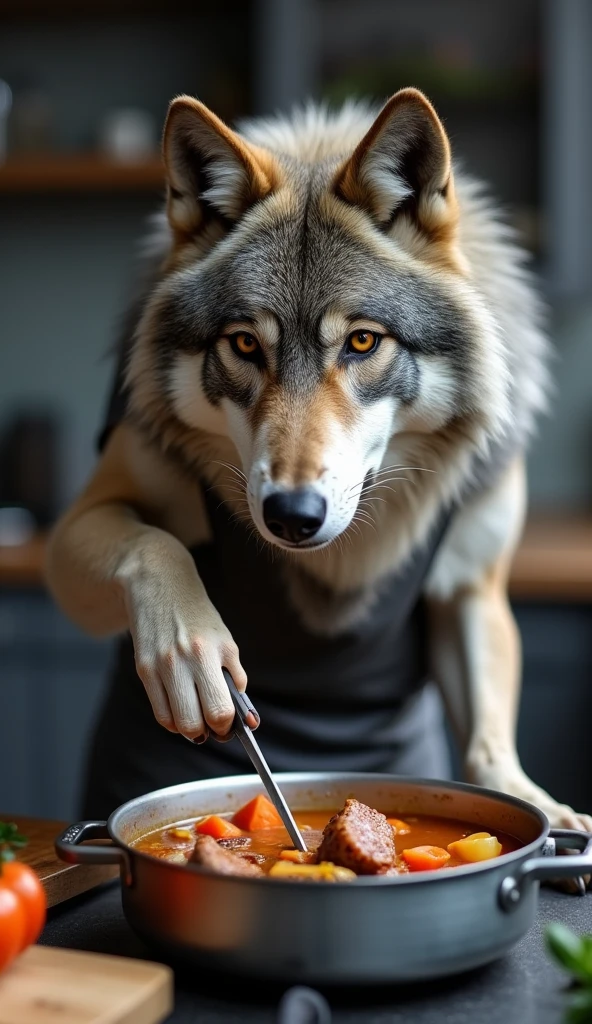 A CLOSE-UP HYPER-REALISTIC GRAY WOLF CHEF IN A MINIMALIST AMERICAN ...