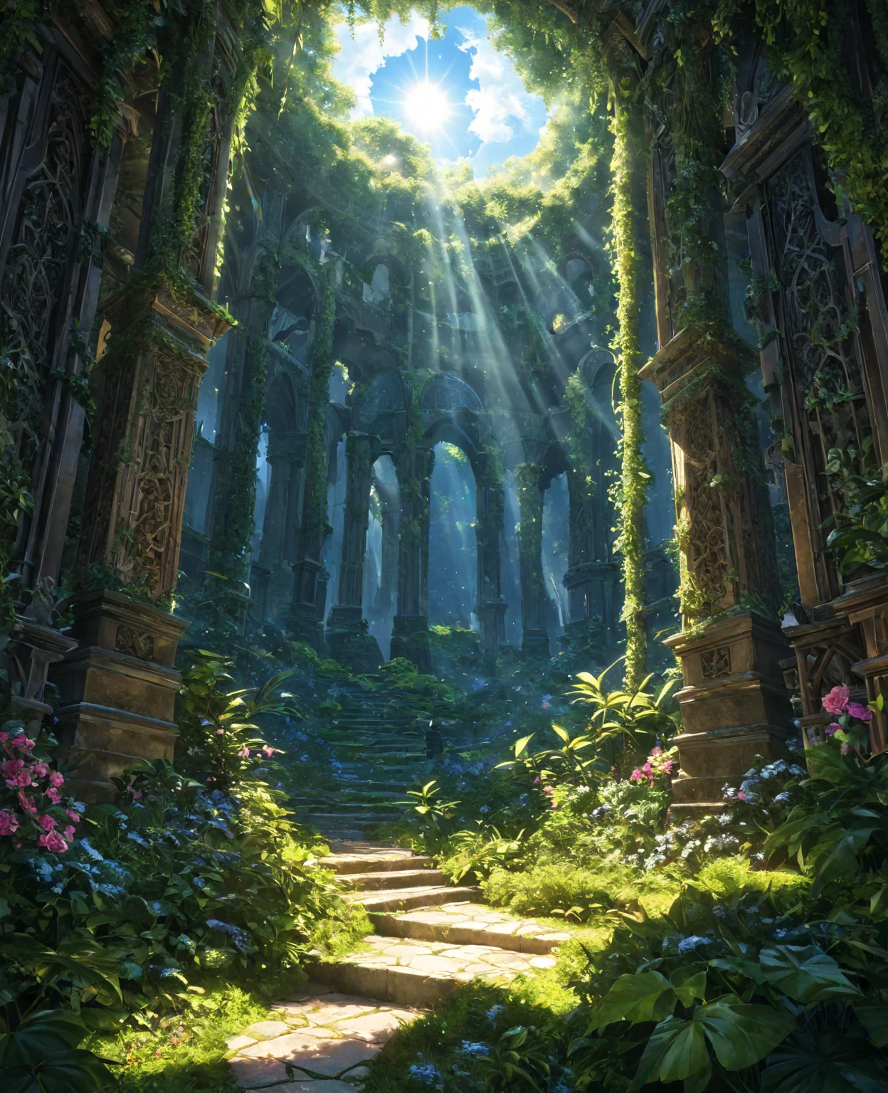 (Labyrinth, hanging gardens, cinematic lighting, intricate detail ...