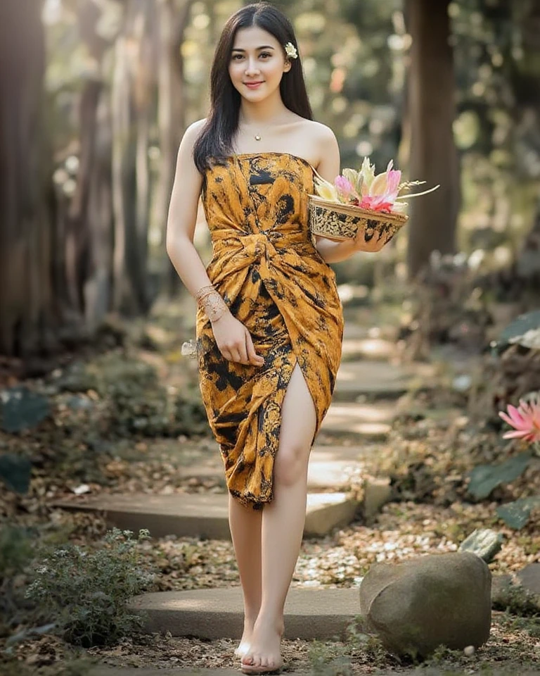Beautiful girl wearing short skirt walking on wooden stairs above fish ...