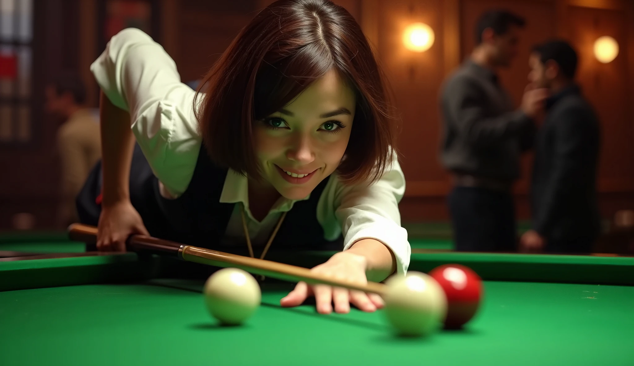 Woman leaning over a pool table with a cue and ball - SeaArt AI