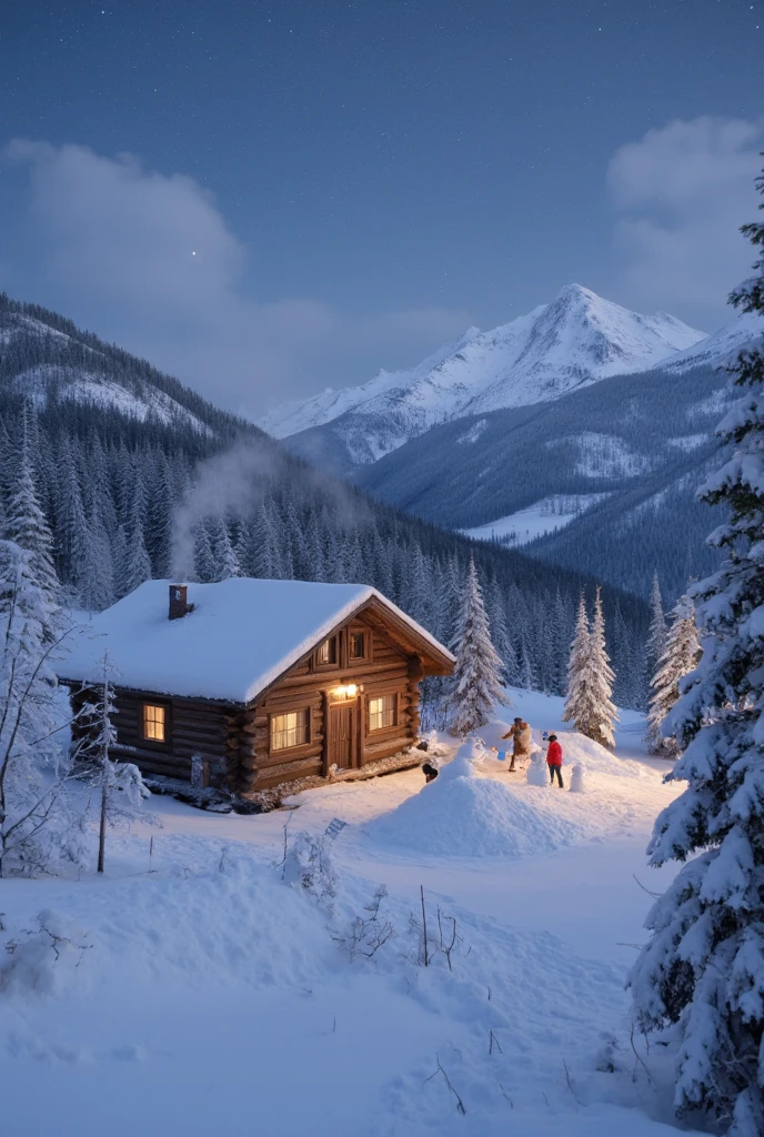 While the snow is falling and piling up 、 I can see log cabins that ...