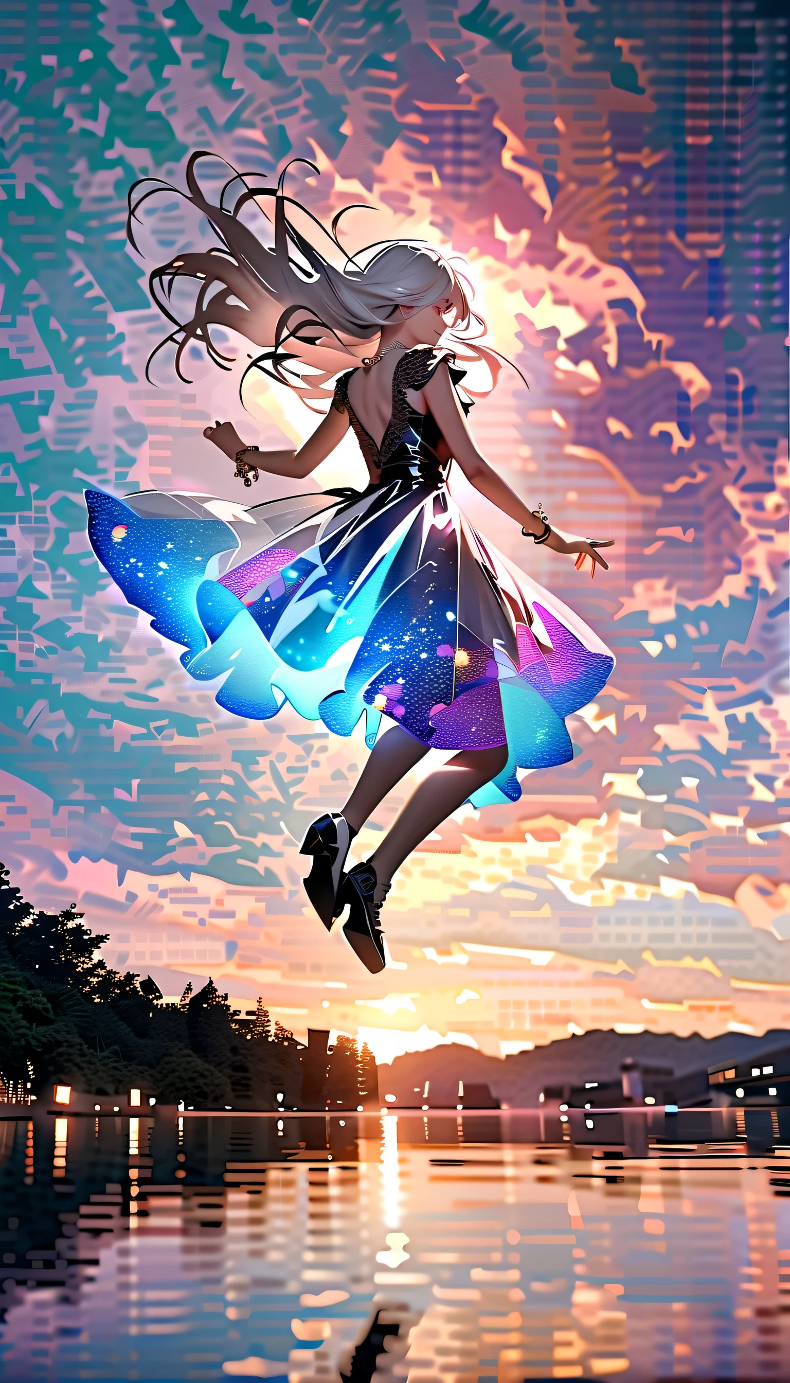 Anime girl flying in the air with a colorful dress - SeaArt AI