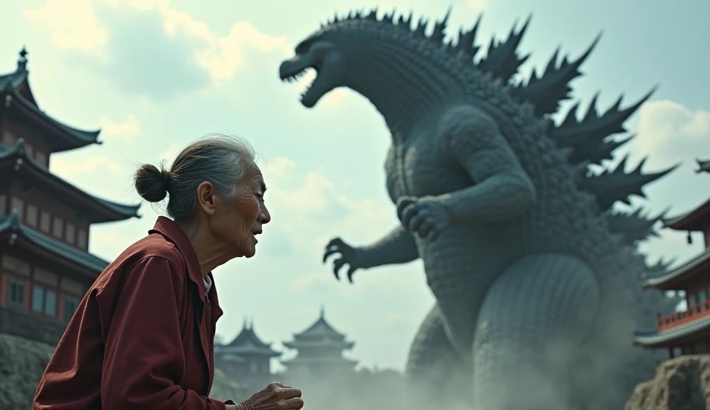 An old lady fighting Godzilla next to Osaka Castle - SeaArt AI