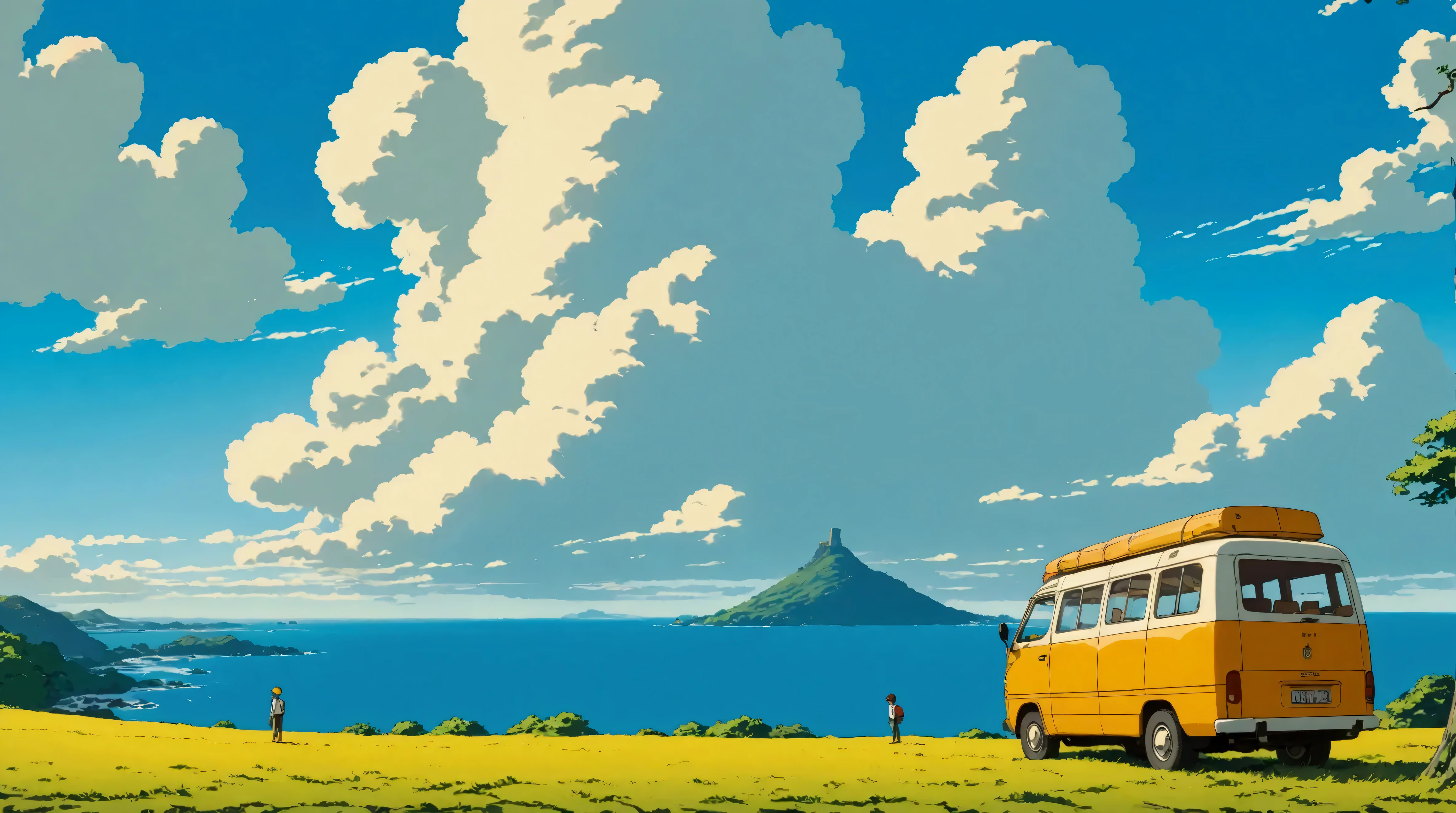 There is a yellow bus parked on a grassy hill near the ocean - SeaArt AI