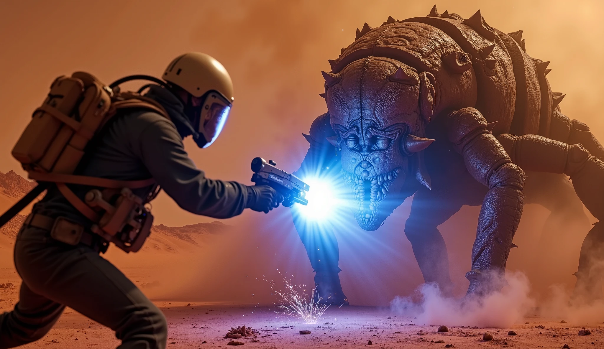 Martian attacking a giant alien creature in a desert area - SeaArt AI