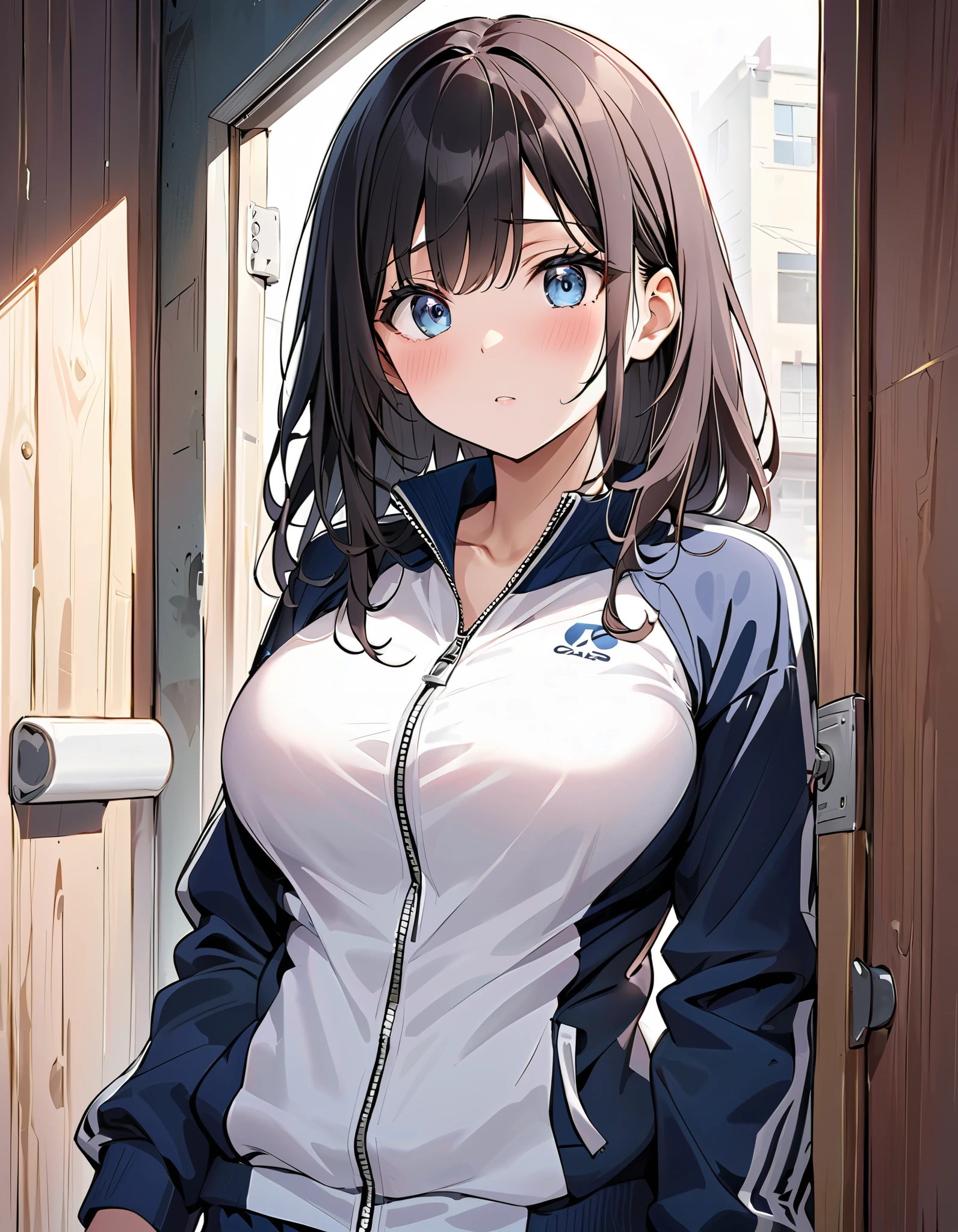 Anime girl with long hair and blue eyes standing in front of a door ...
